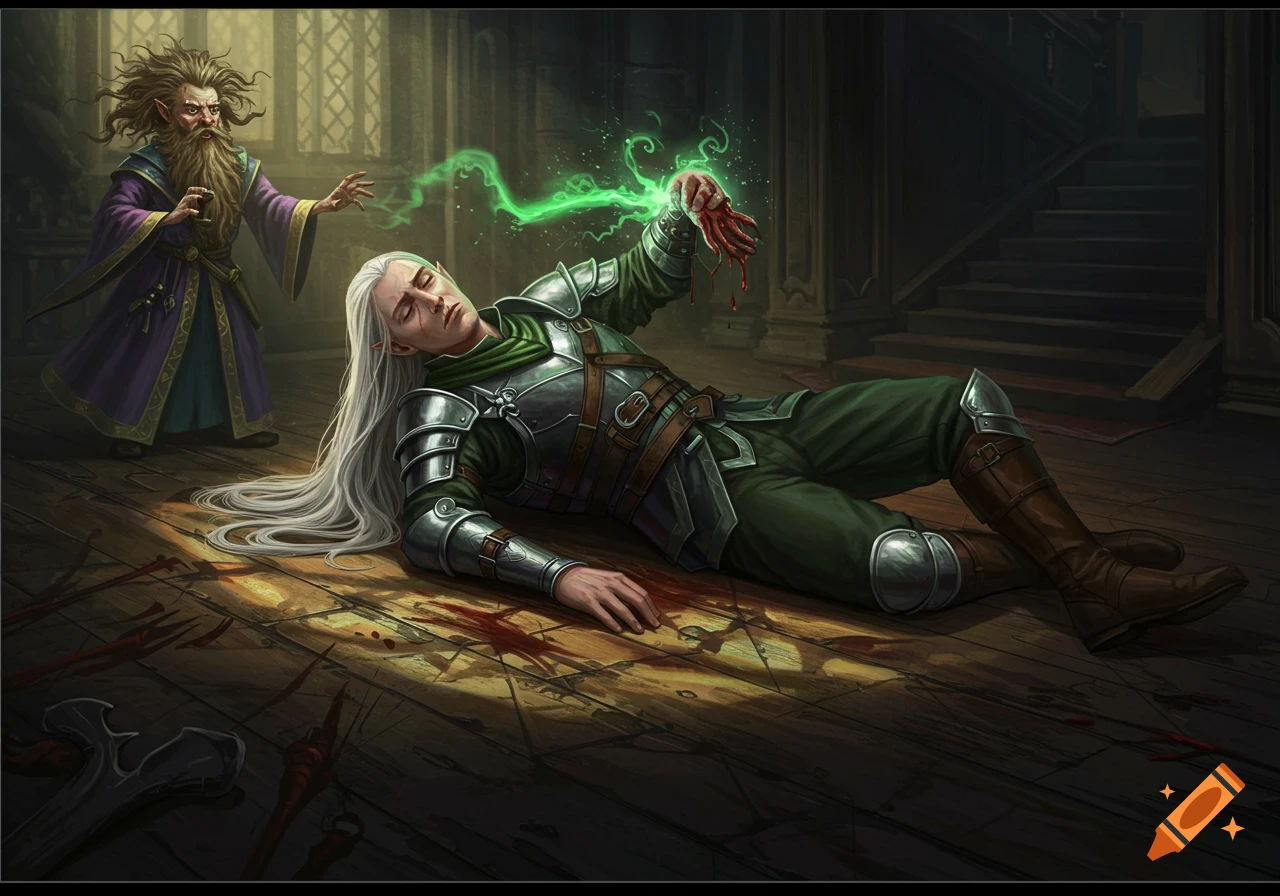 A wizard stands over a wounded elf holding a severed arm, casting a ...
