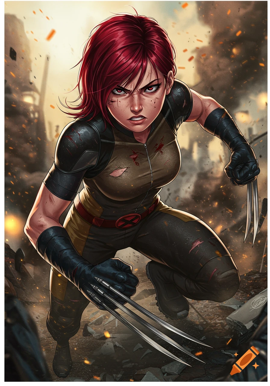 Dynamic comic book illustration of X-23 with claws extended in a ruined ...