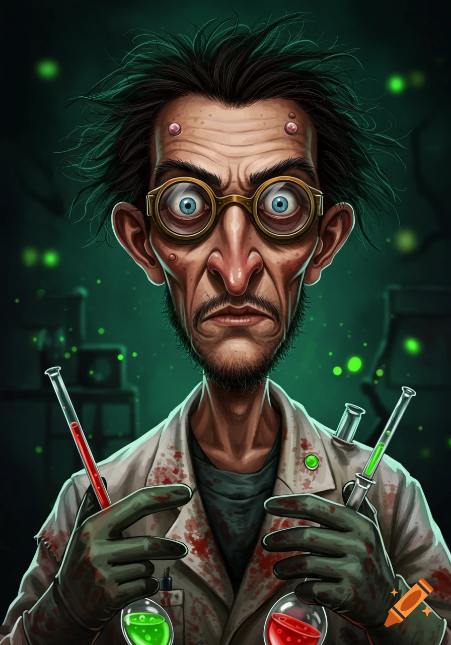 Stylized portrait of a mad scientist with glasses and messy hair ...