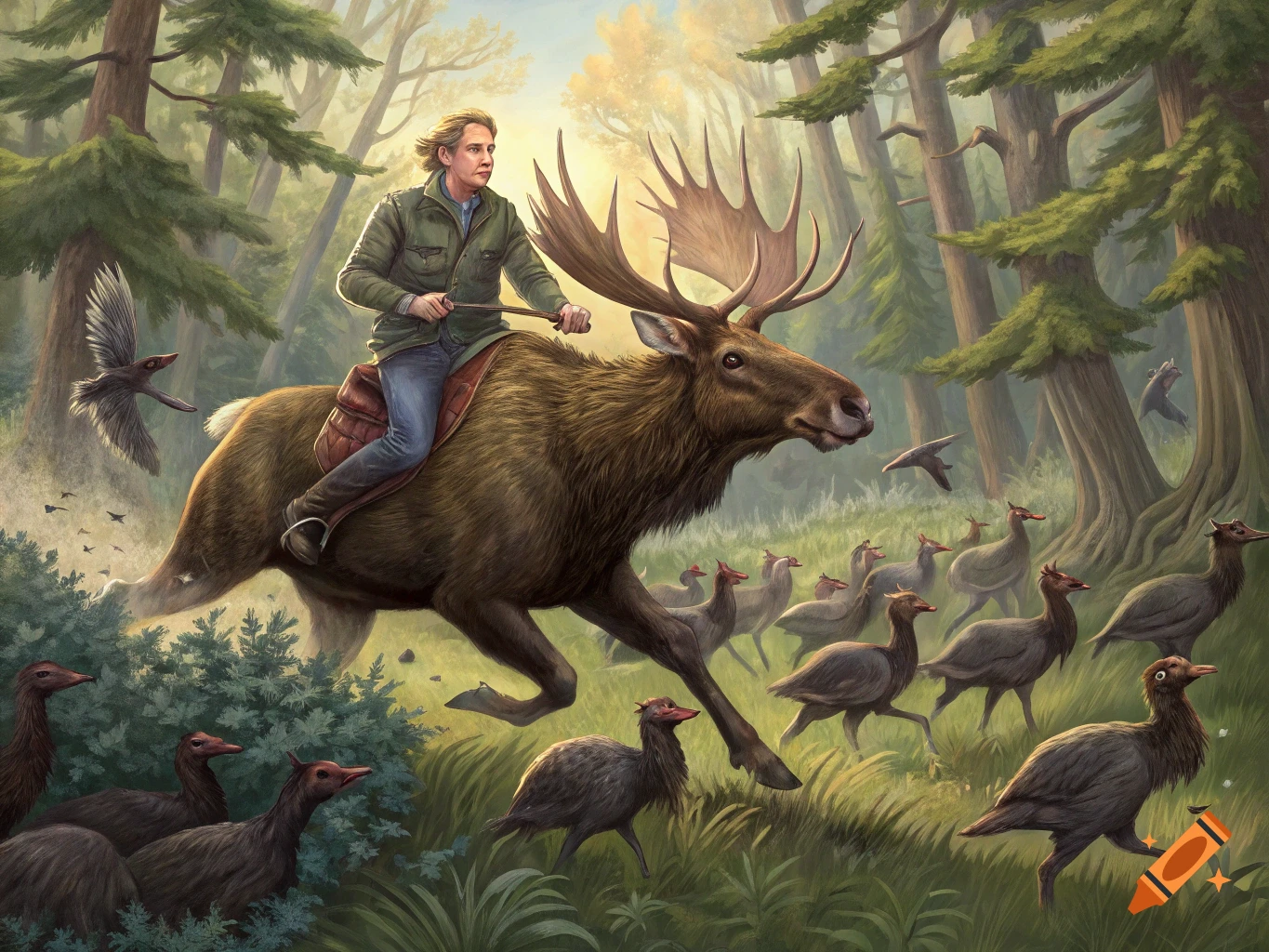 A man rides a giant moose through a forest, pursued by bird-like ...