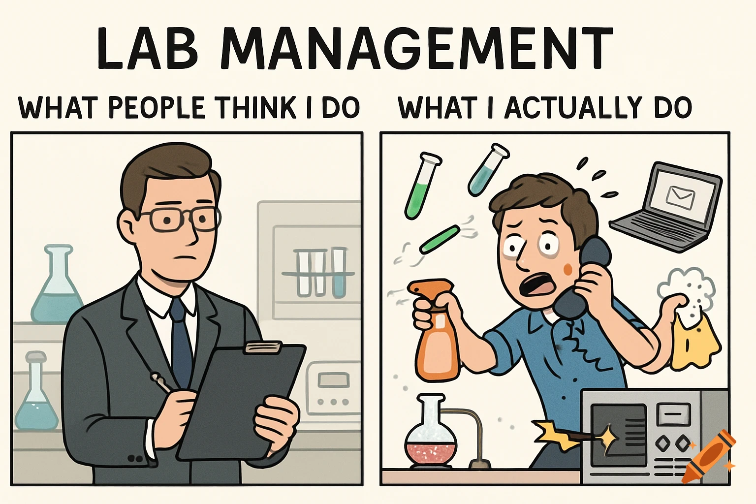 Cartoon meme about lab management. Left panel: calm man in suit ('What people think I do ...