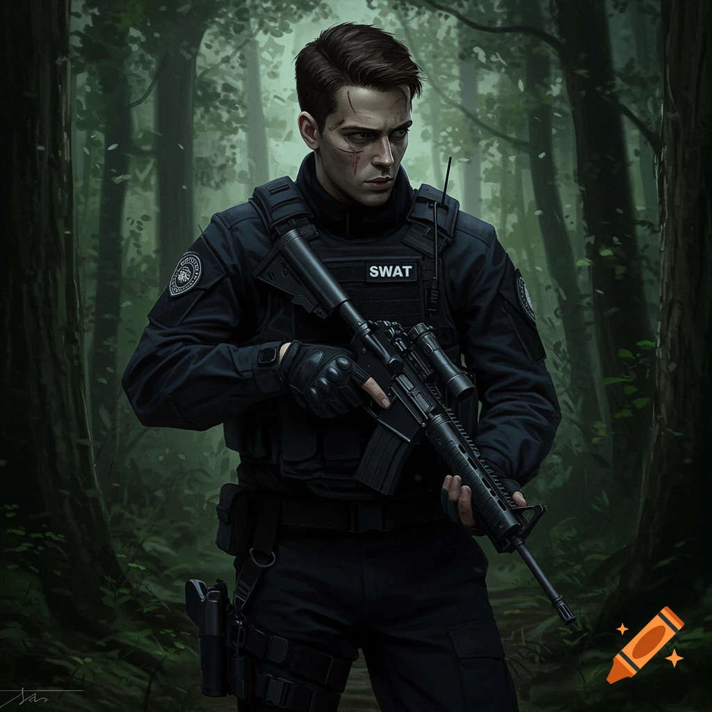 Illustration of a SWAT officer in a forest holding an AR-15 rifle. on ...