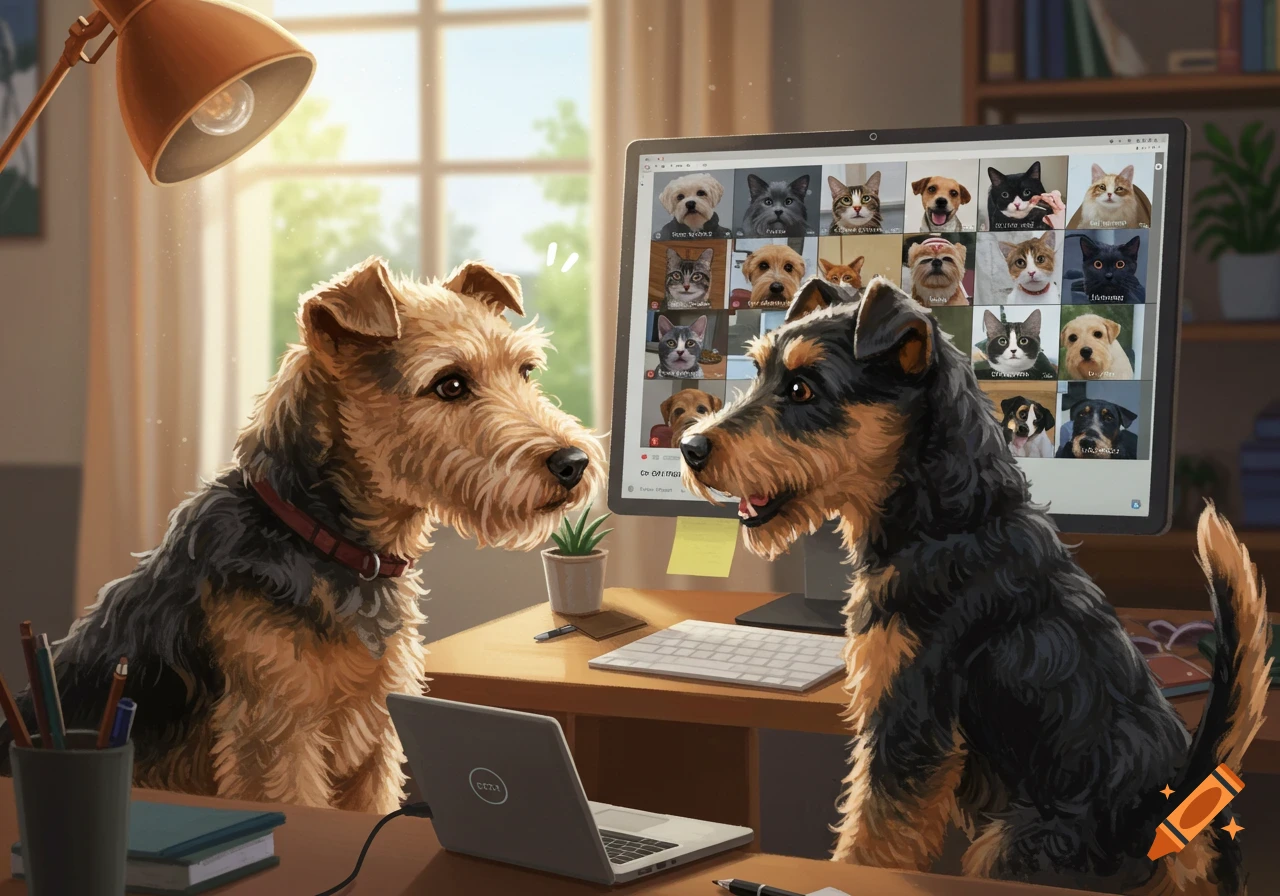 Two dogs watch a video call with other dogs and cats on a computer ...