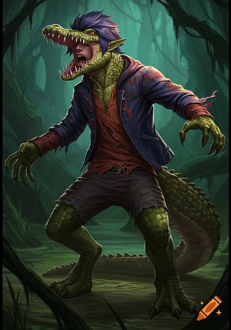 Illustrative character design of a human-alligator hybrid creature with ...