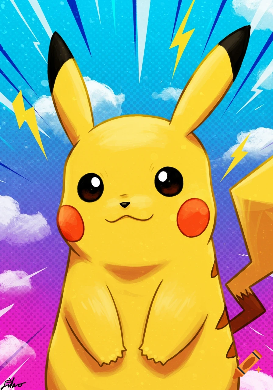 Close-up illustration of Pikachu against a pop art background with ...