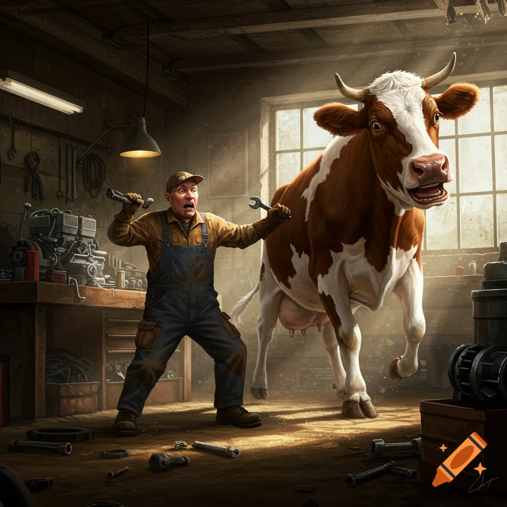 Man looks scared holding tools as a large cow approaches him in a ...