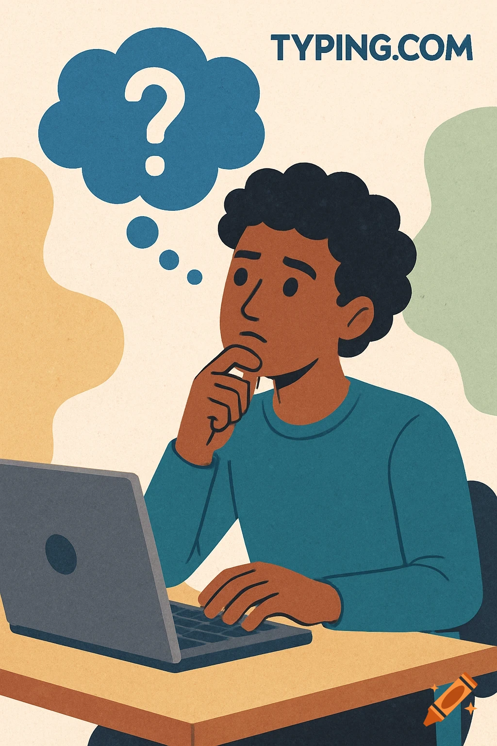 Illustration of a person thinking while looking at a laptop, with a ...