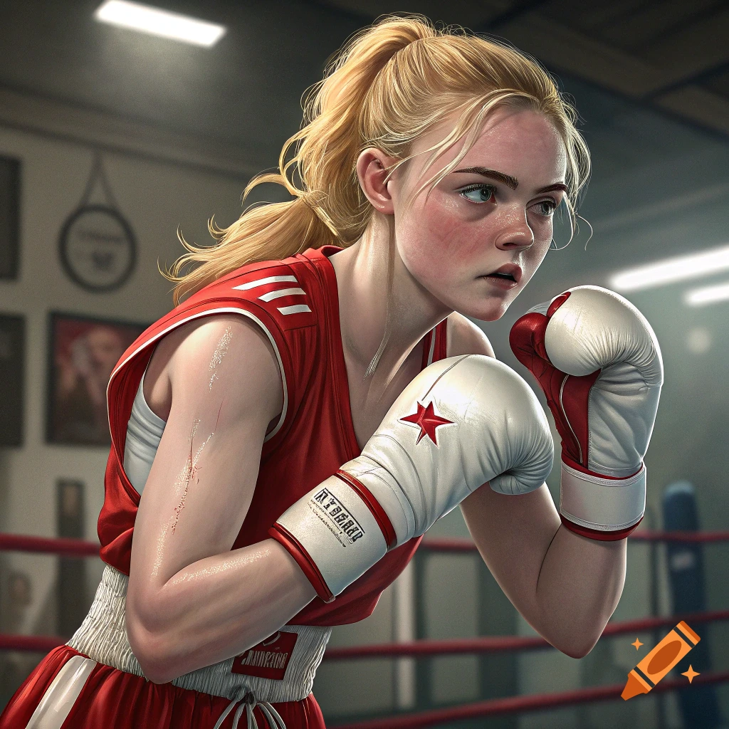 Photorealistic portrait of a female boxer in a red and white uniform in ...