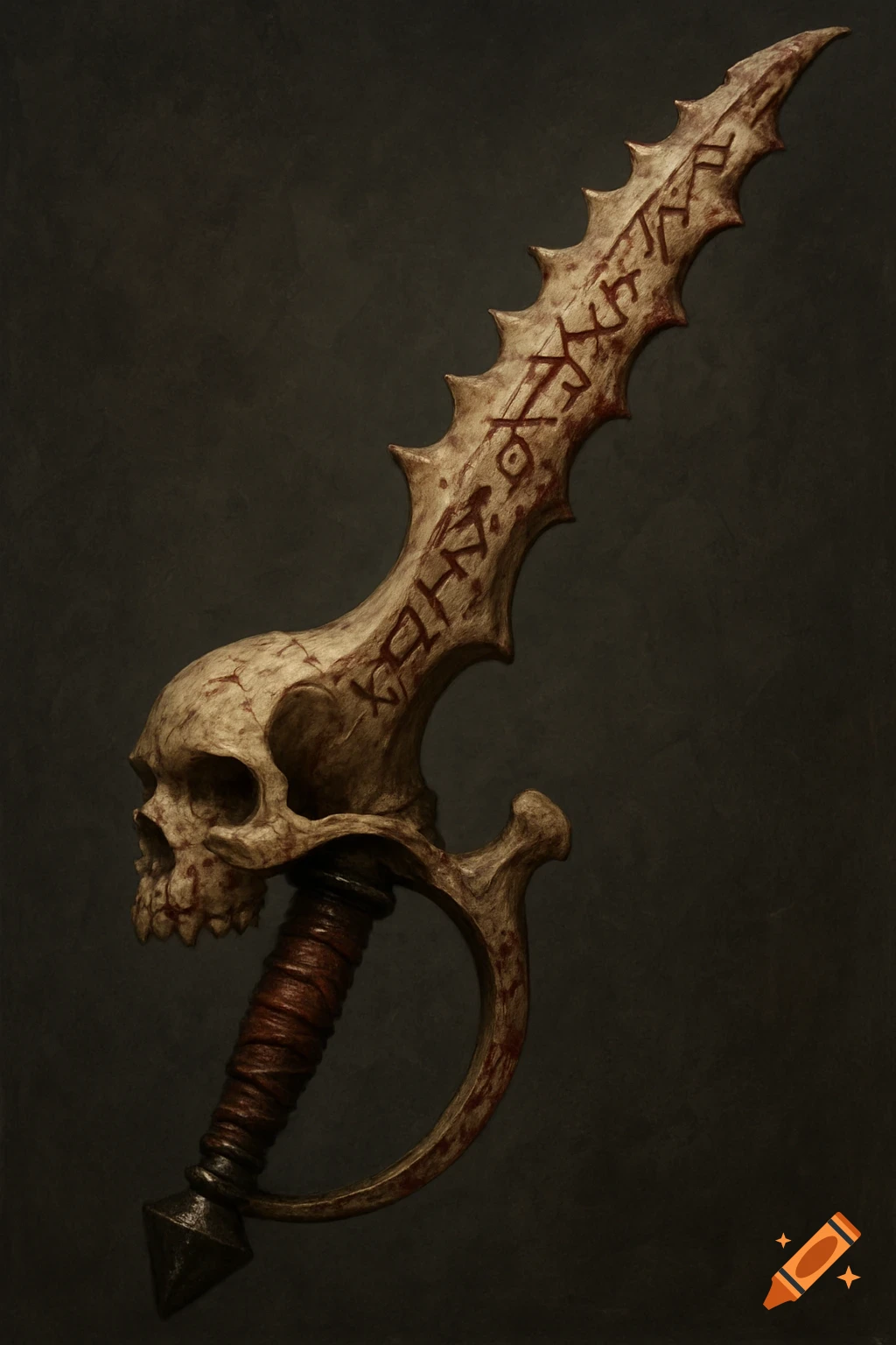 A bone rapier with a skull hilt and a jagged blade etched with symbols ...