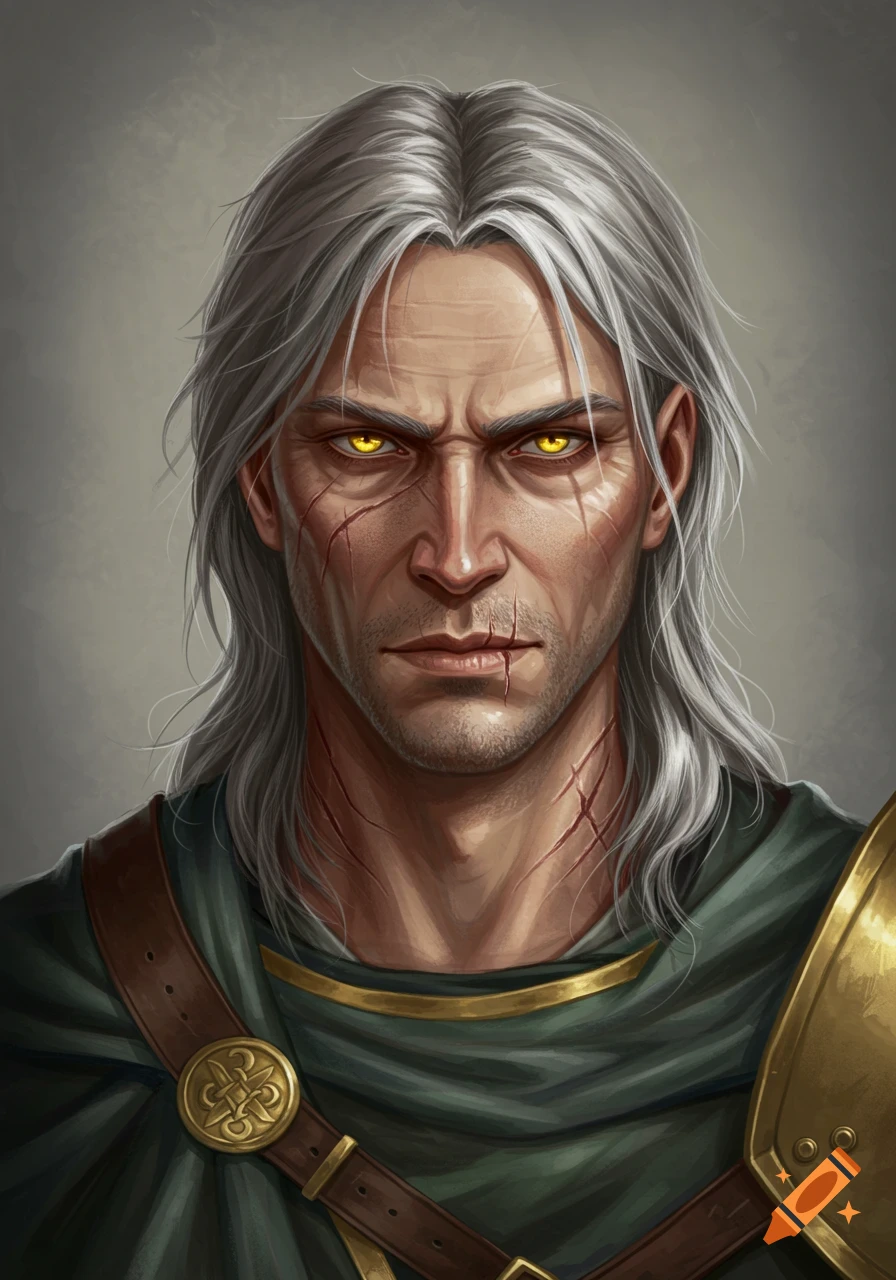 Fantasy portrait of a man with white hair, yellow eyes, and face scars ...