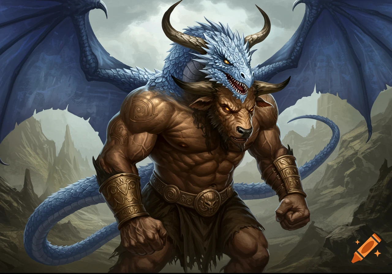 A powerful minotaur-dragon hybrid with blue wings stands in a rugged ...