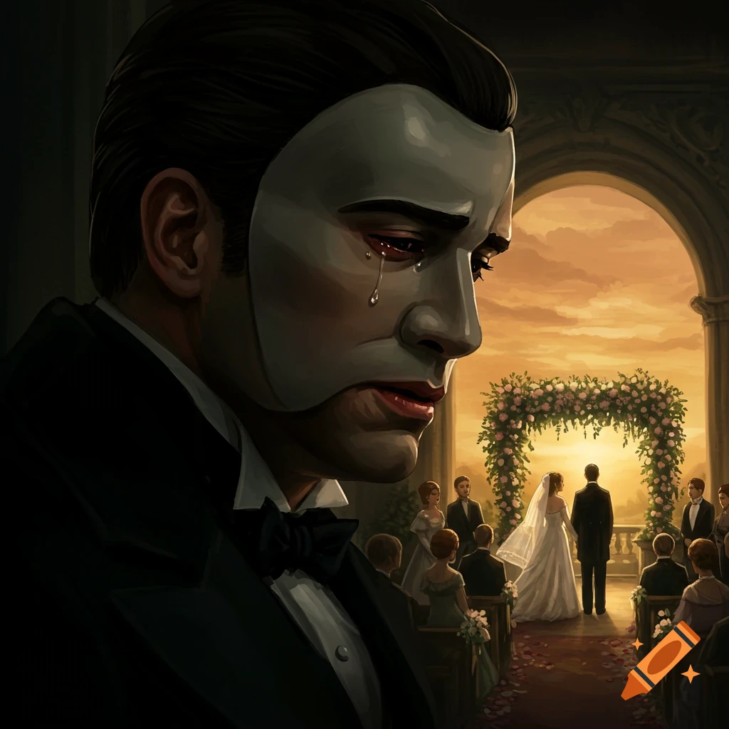 Man in Phantom of the Opera mask crying at a wedding on Craiyon