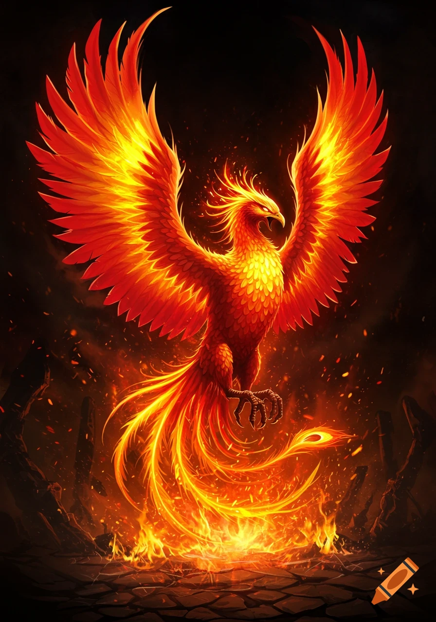 A powerful painting of a red and yellow phoenix rising from fire and ...