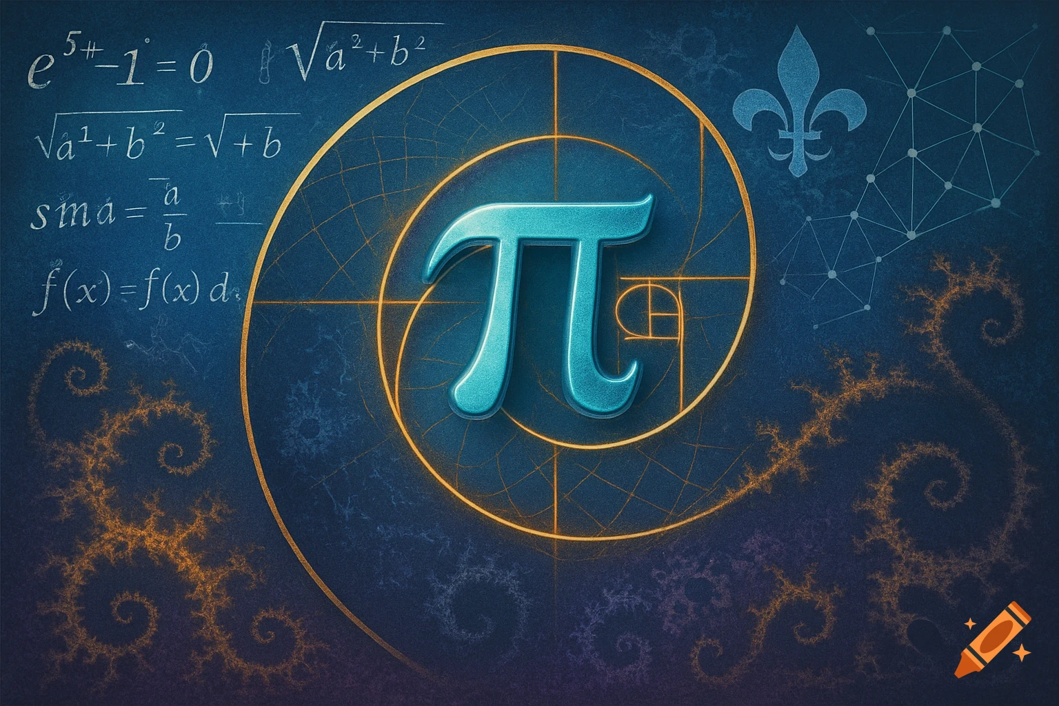 Background with math equations, Fibonacci spiral, fractals, and a large ...