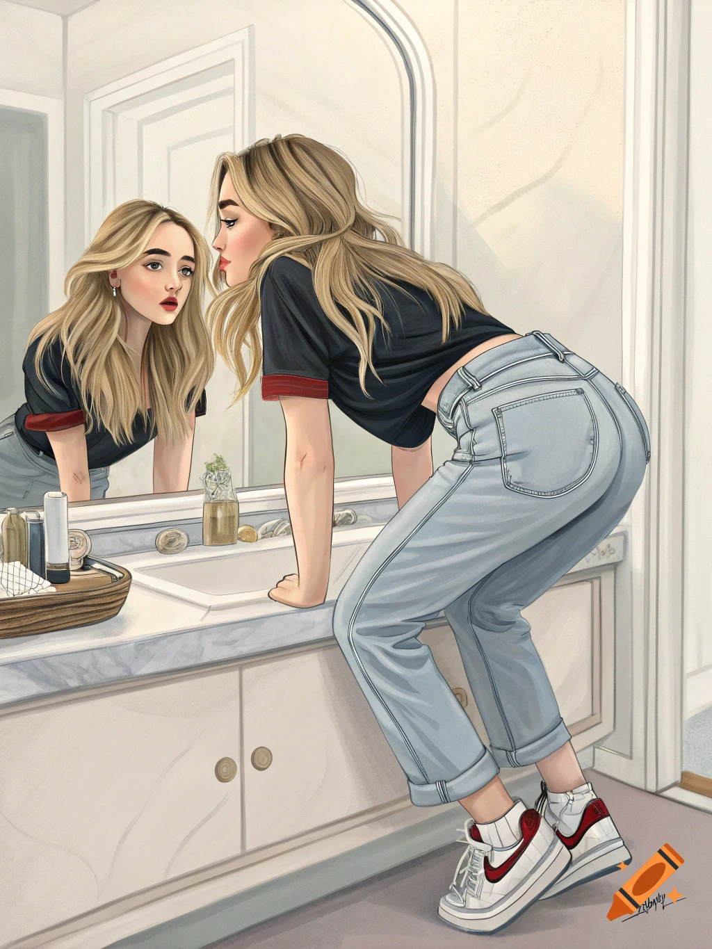 Illustration of a woman leaning over a bathroom sink, looking at her reflection in the mirror ...