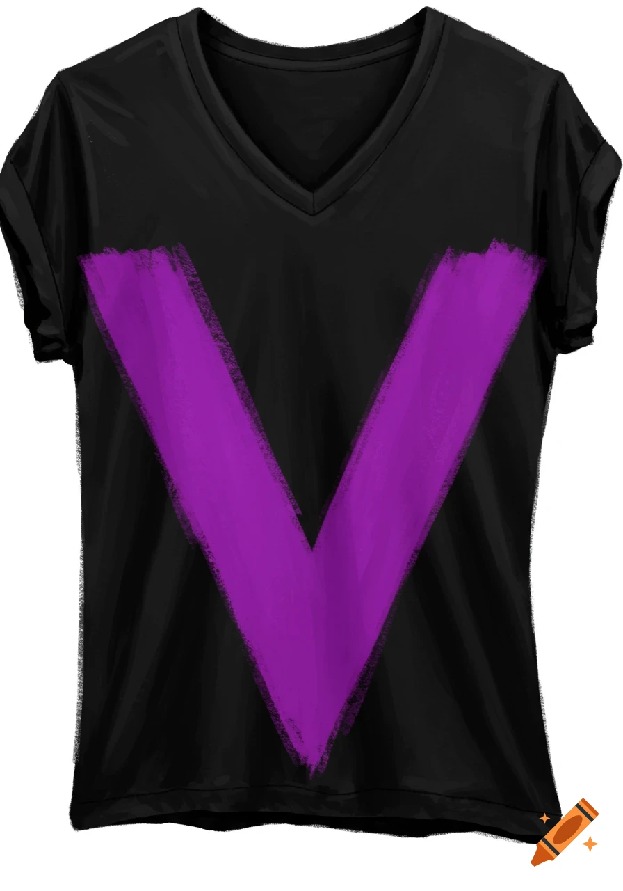 A black v-neck t-shirt with a large purple V design on the front. on ...