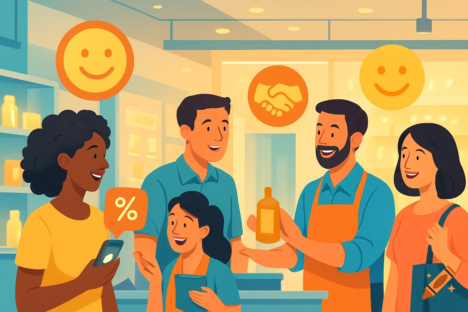 Illustration of customers and staff in a retail store with symbols of ...