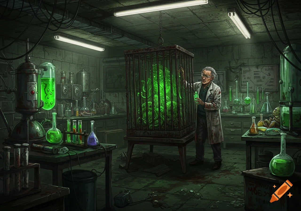 A mad scientist in a dark, messy laboratory observes a glowing green ...