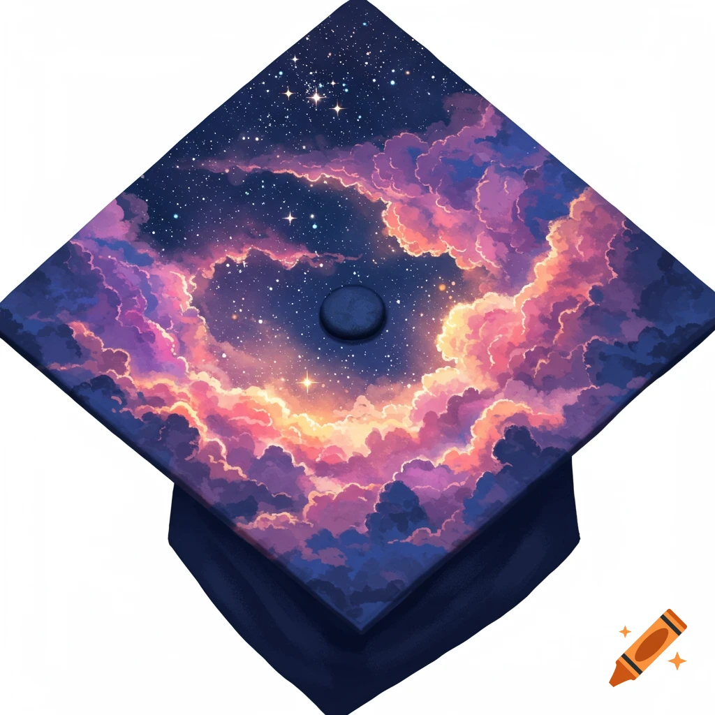 Graduate cap decorated with a starry sky and colorful clouds on Craiyon
