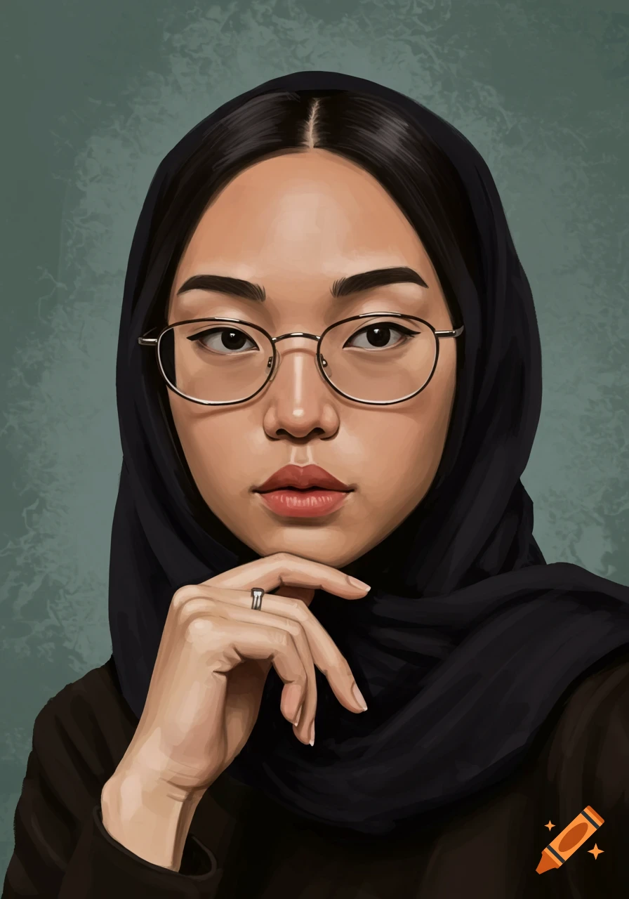 Digital painting portrait of a woman in a black hijab and glasses ...