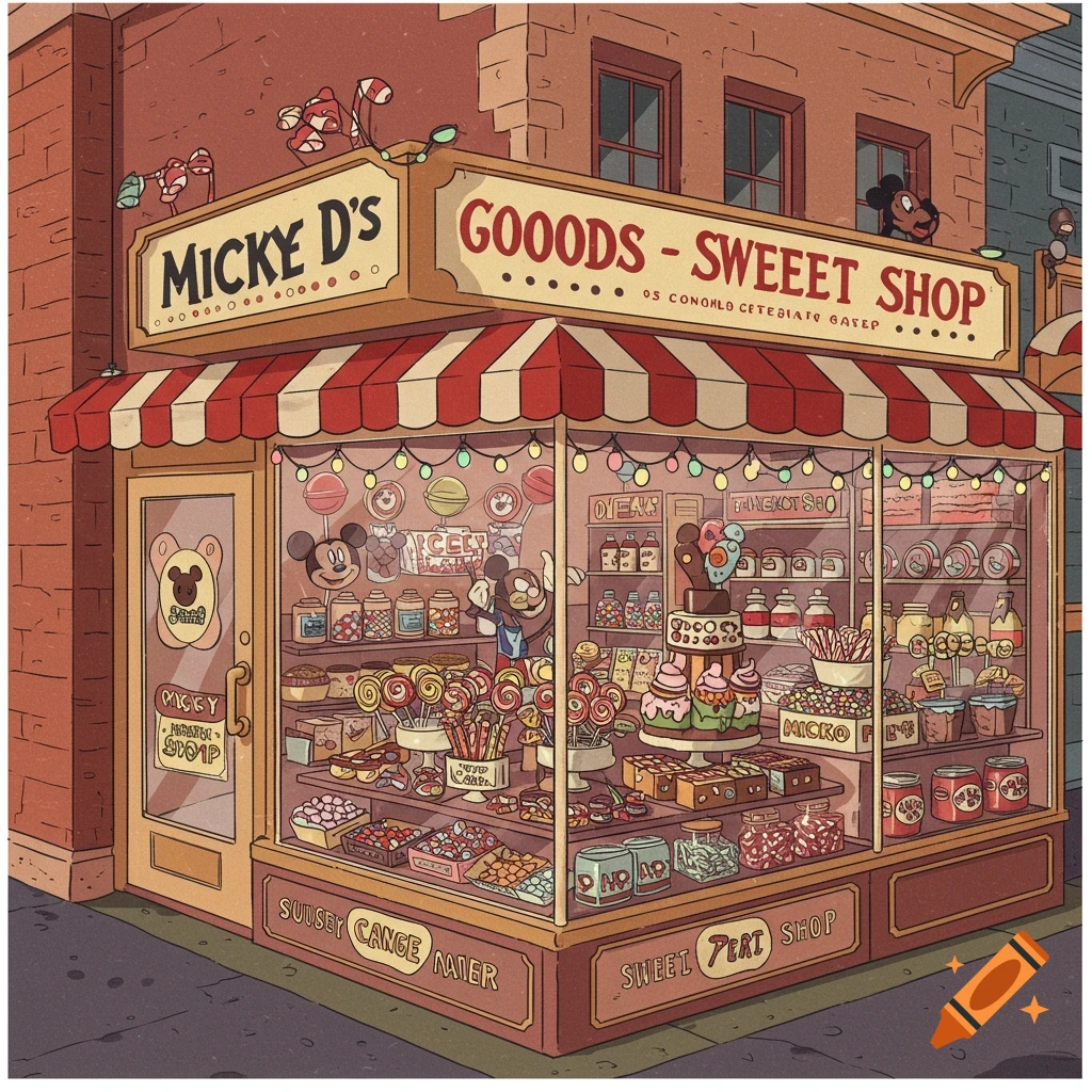 Cartoon illustration of a candy shop featuring stylized Mickey Mouse ...