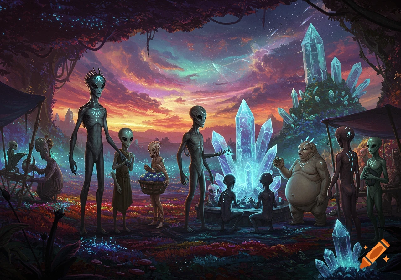 Fantasy illustration of diverse aliens interacting in a vibrant market ...