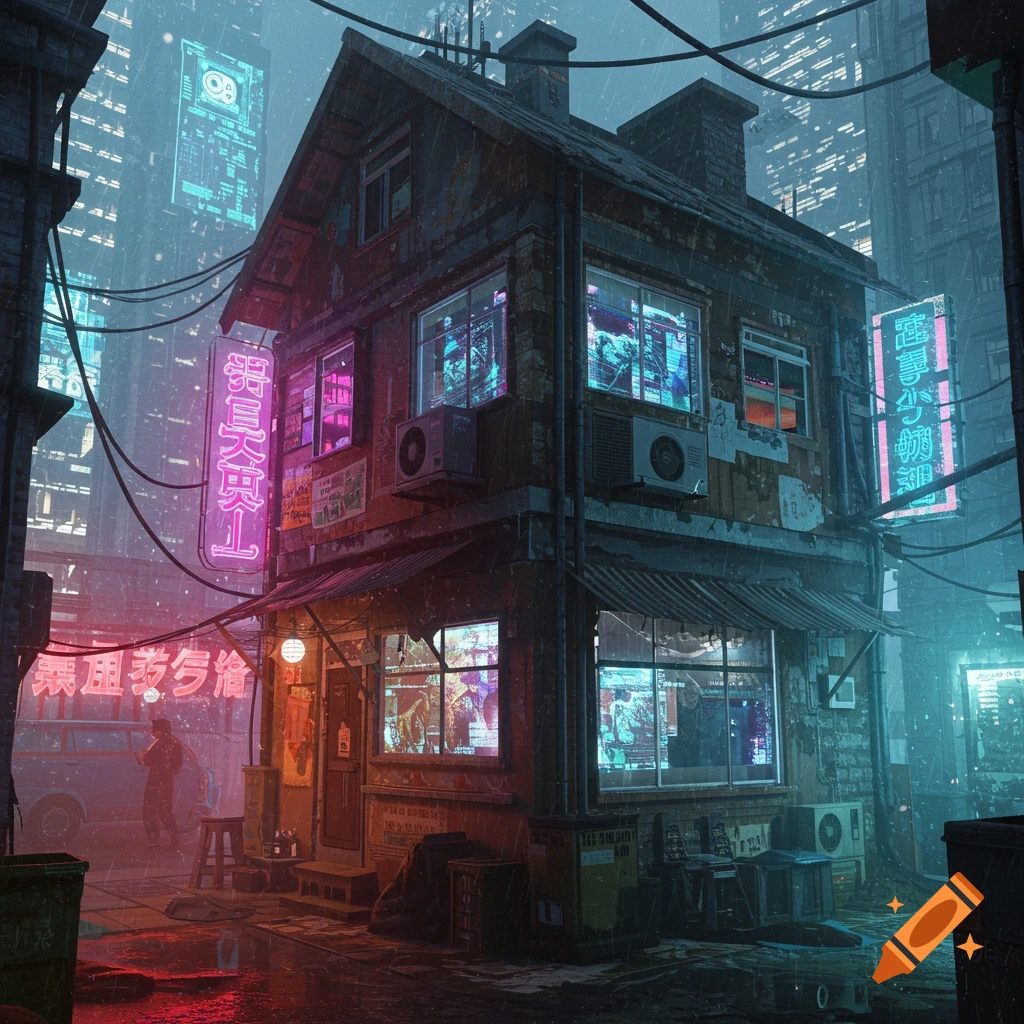 Cyberpunk house on a rainy street with neon signs on Craiyon
