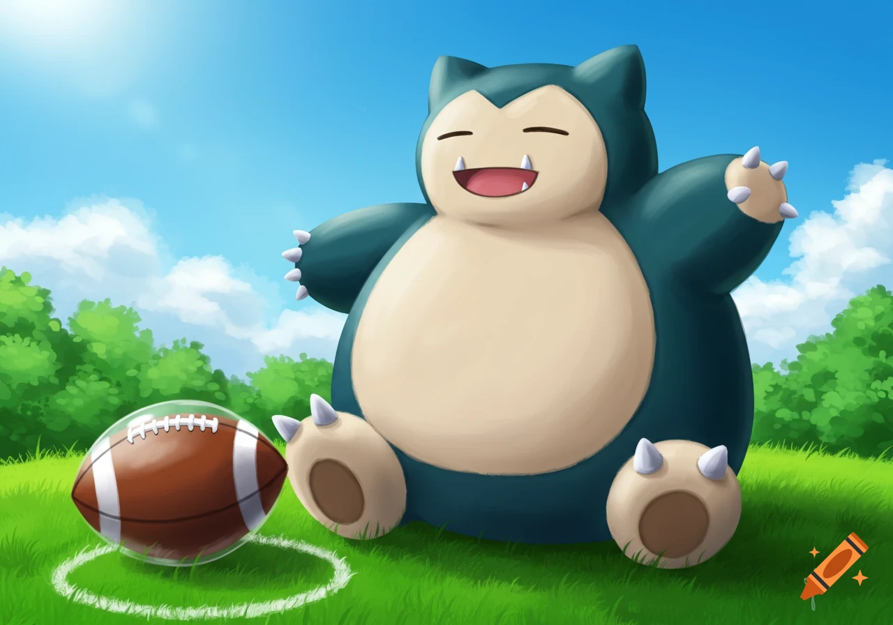 A happy Snorlax sits on a grassy field next to a football under a sunny ...