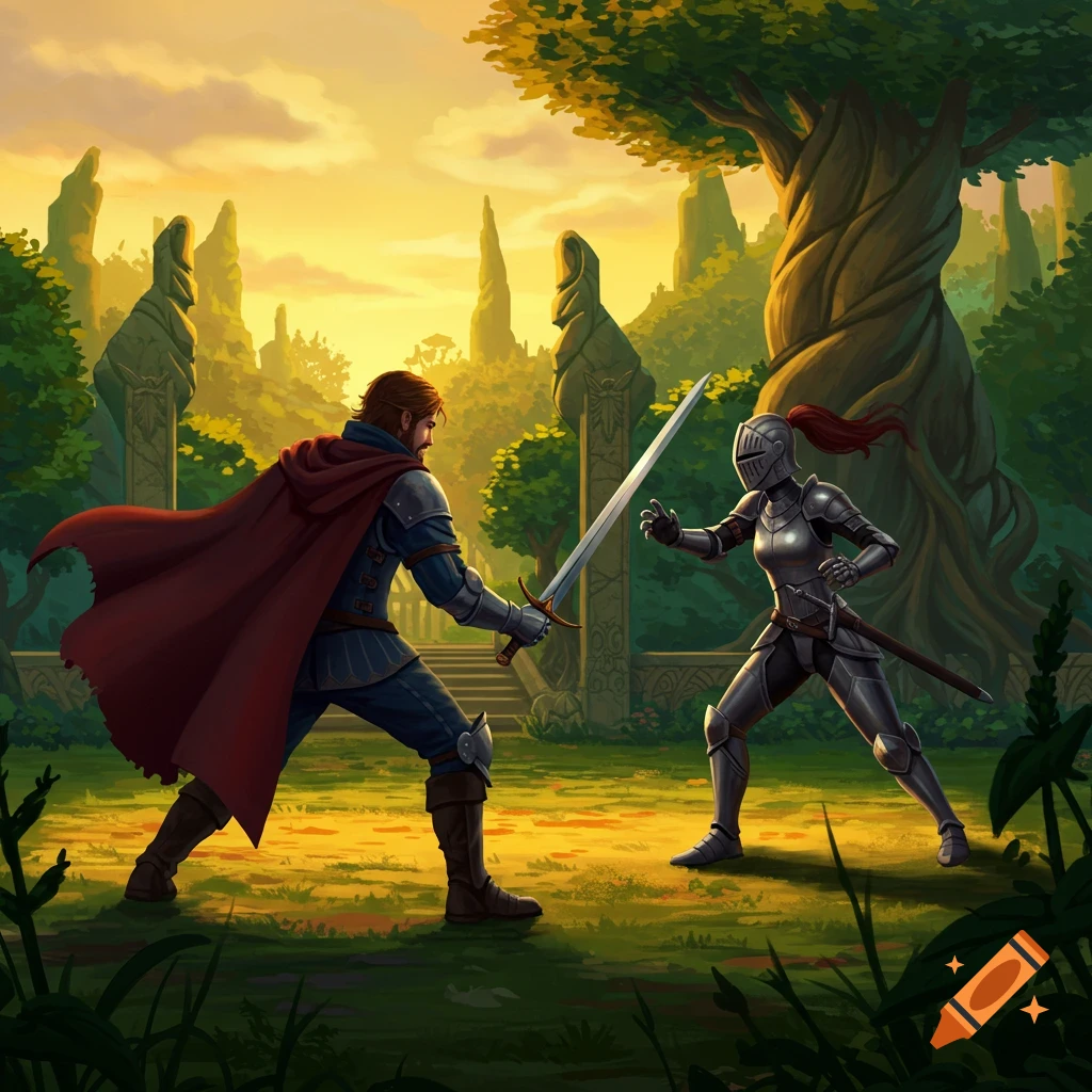 A knight and a knight in plate armor duel with swords in a lush fantasy ...
