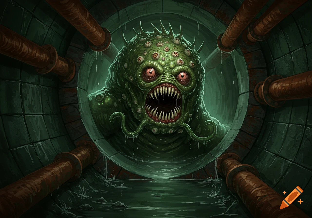A grotesque green monster with many eyes and sharp teeth emerges from a ...