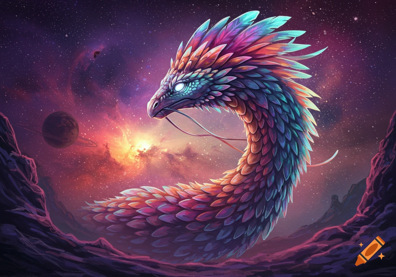 A colorful feathered dragon in a space setting with a planet and nebula ...