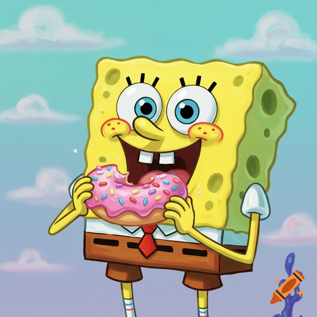 Spongebob Squarepants happily eating a pink donut with sprinkles in a ...