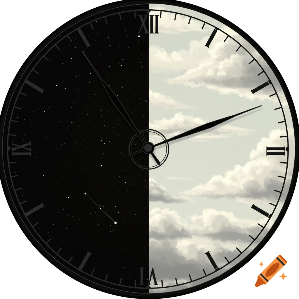 An illustration of a clock face split between a starry night sky and a ...