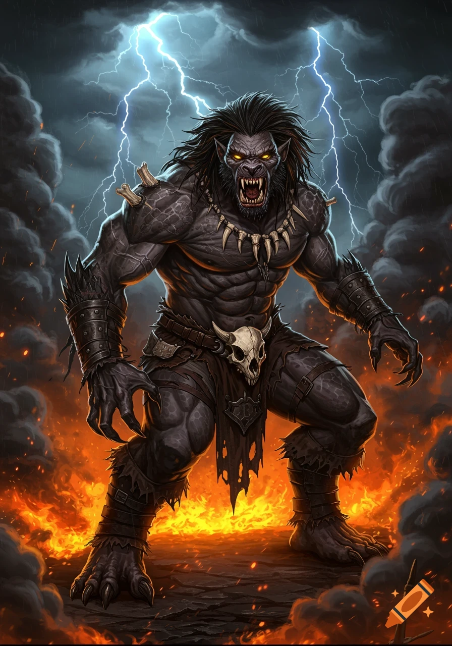 Powerful monster with fangs and claws stands in a stormy, fiery ...
