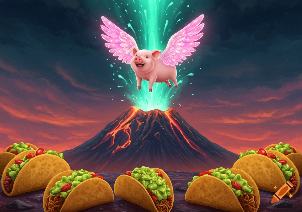A pig with pink wings flies over an erupting volcano with tacos in the ...