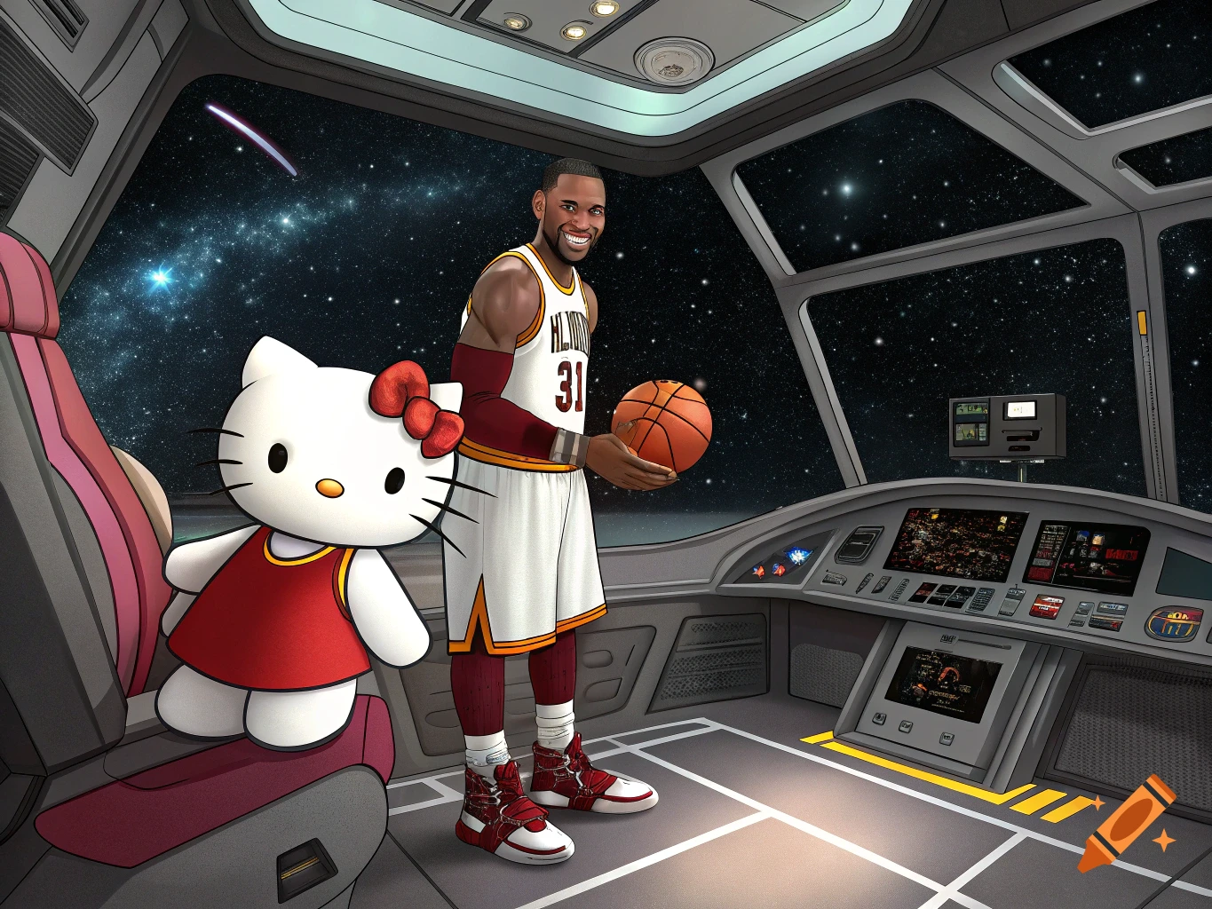 LeBron James and Hello Kitty in a spaceship, LeBron holding a ...