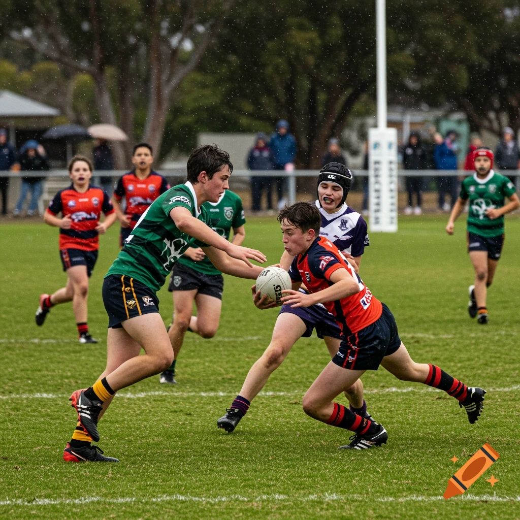 Young rugby players struggle for the ball during a game in the rain. on ...