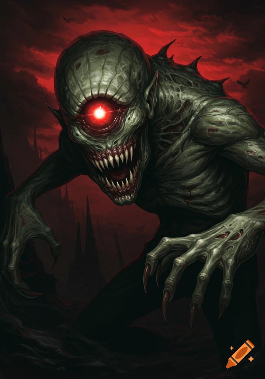 A scary, one-eyed monster with fangs and claws against a red sky. on ...