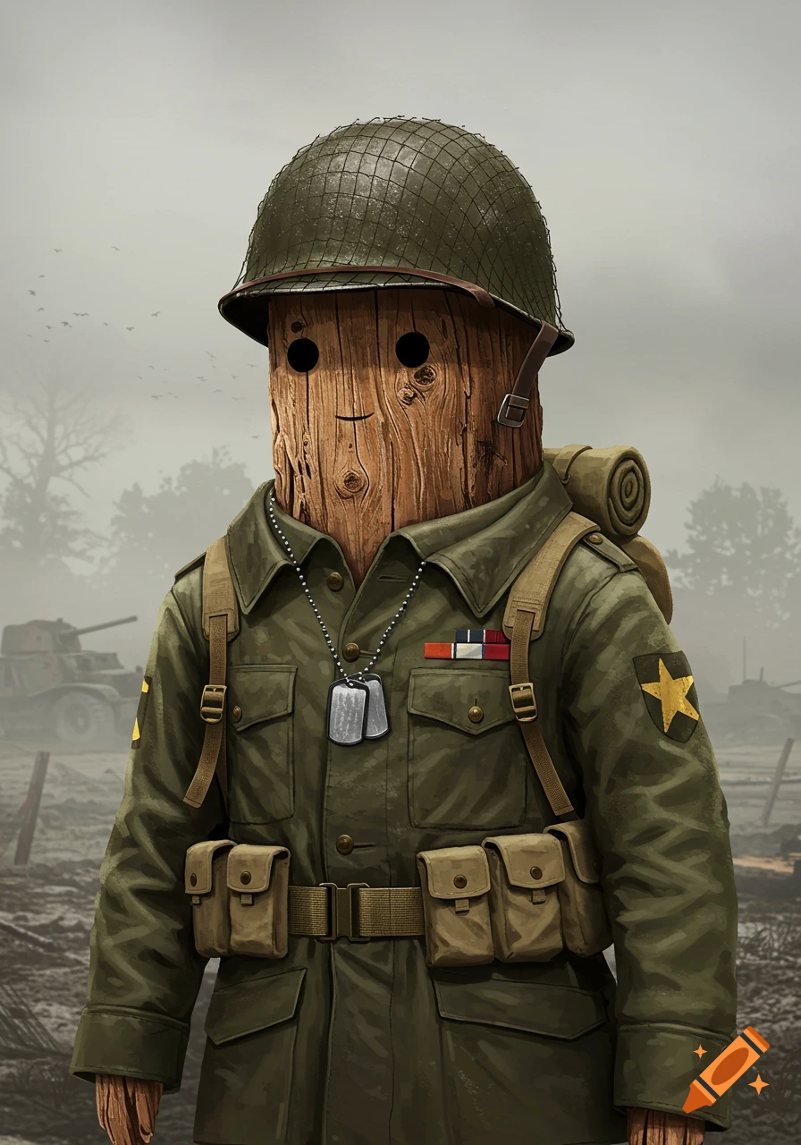 A wooden log character in a US military uniform and helmet stands in a ...