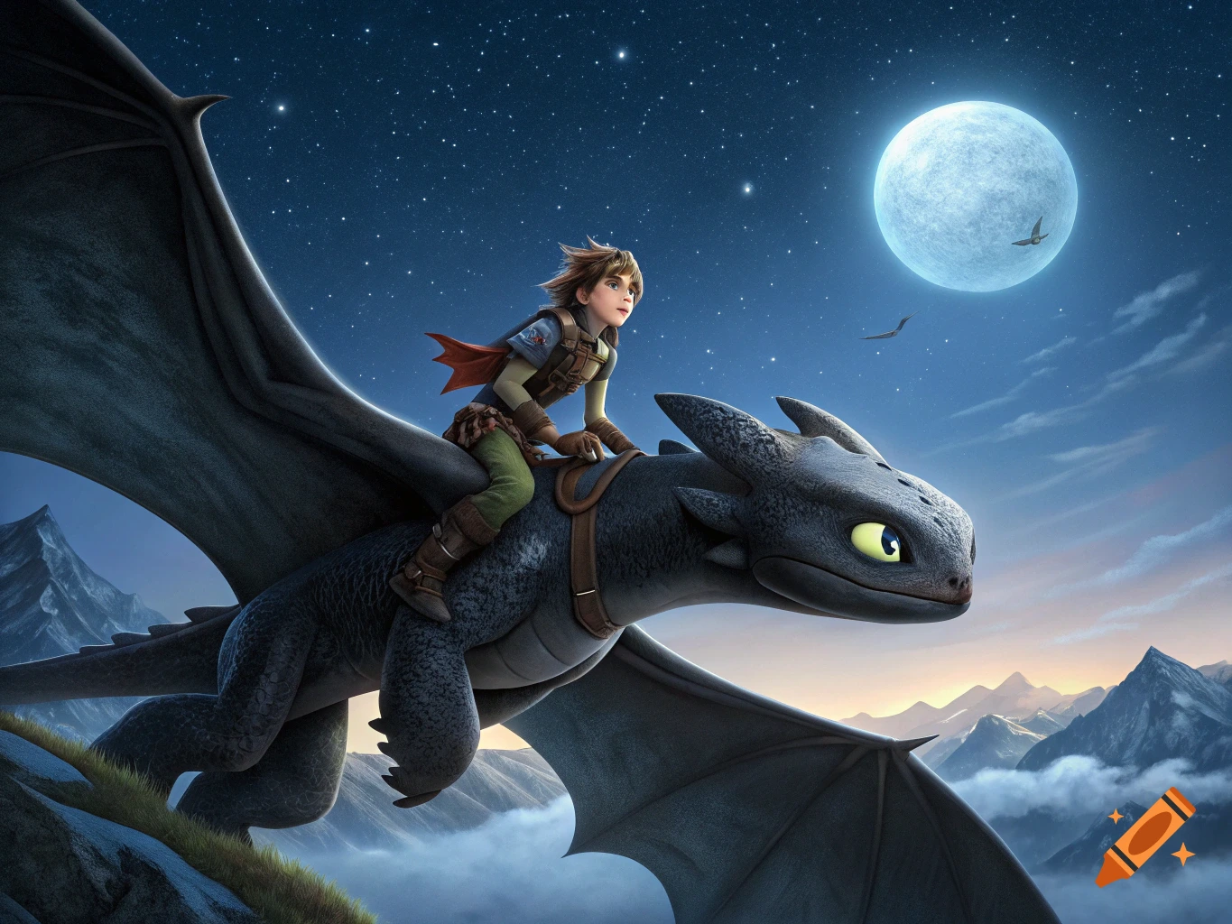 Animated Hiccup riding Toothless the dragon through the night sky with ...