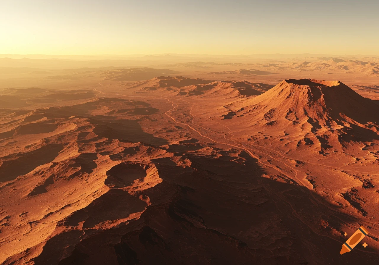 Aerial view of a desert planet landscape with mountains, craters, and a ...