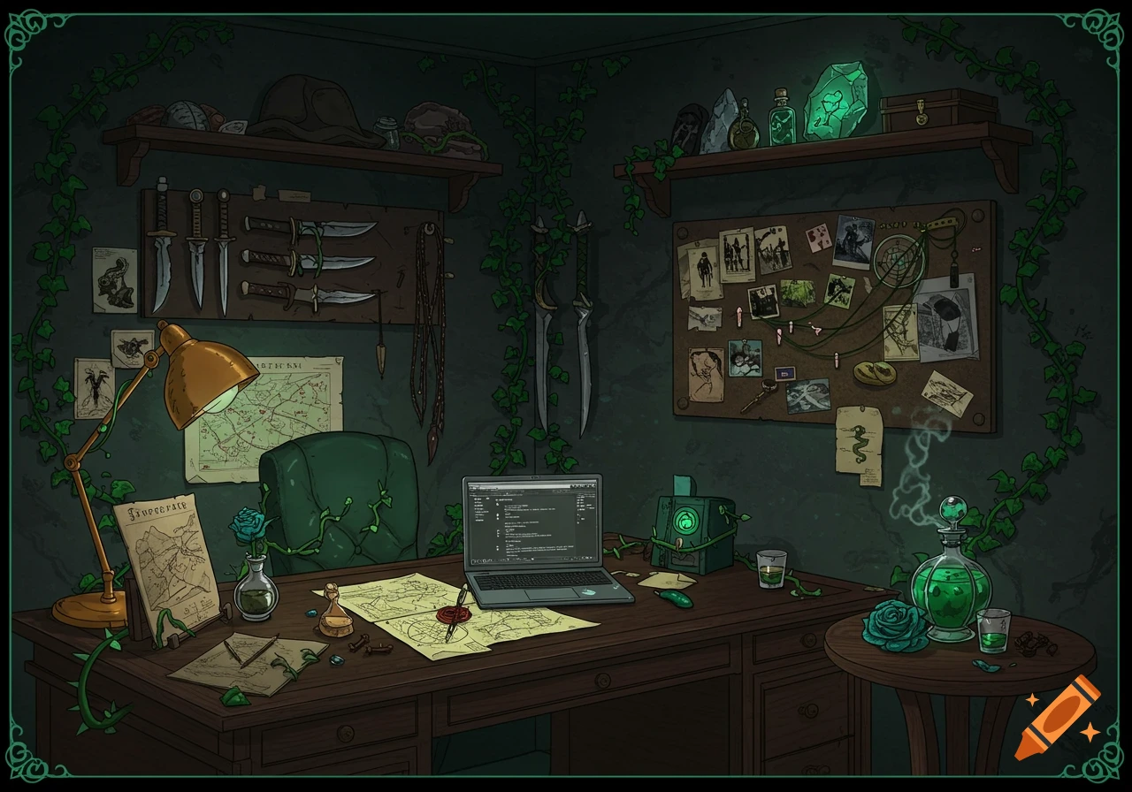 An illustration of a dark fantasy office desk with maps, weapons, a ...