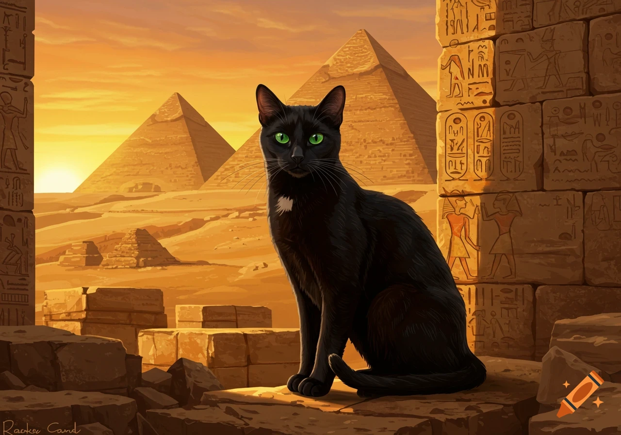 A black cat sits on ancient Egyptian ruins with pyramids in the ...