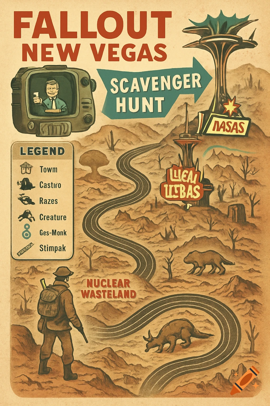 A vintage-style illustrated map of the Fallout New Vegas area, showing ...