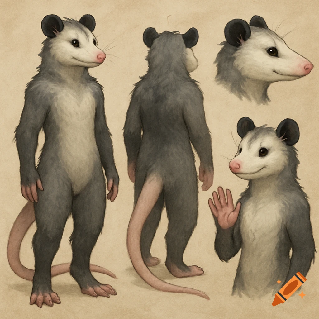 Reference sheet of an anthropomorphic opossum character in front, back, and head views. on Craiyon