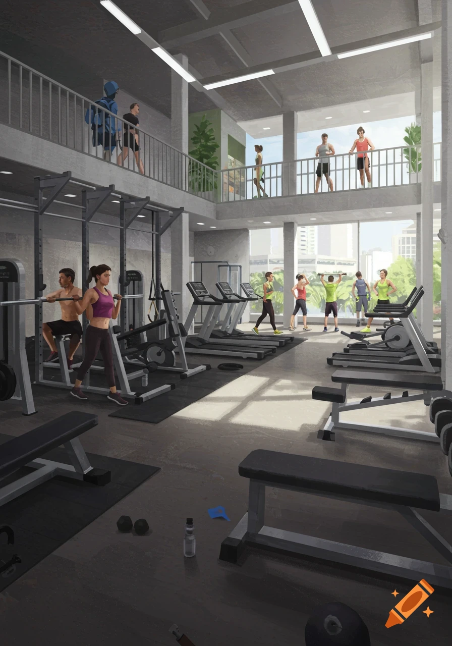People exercising in a multi-level gym with various equipment on Craiyon