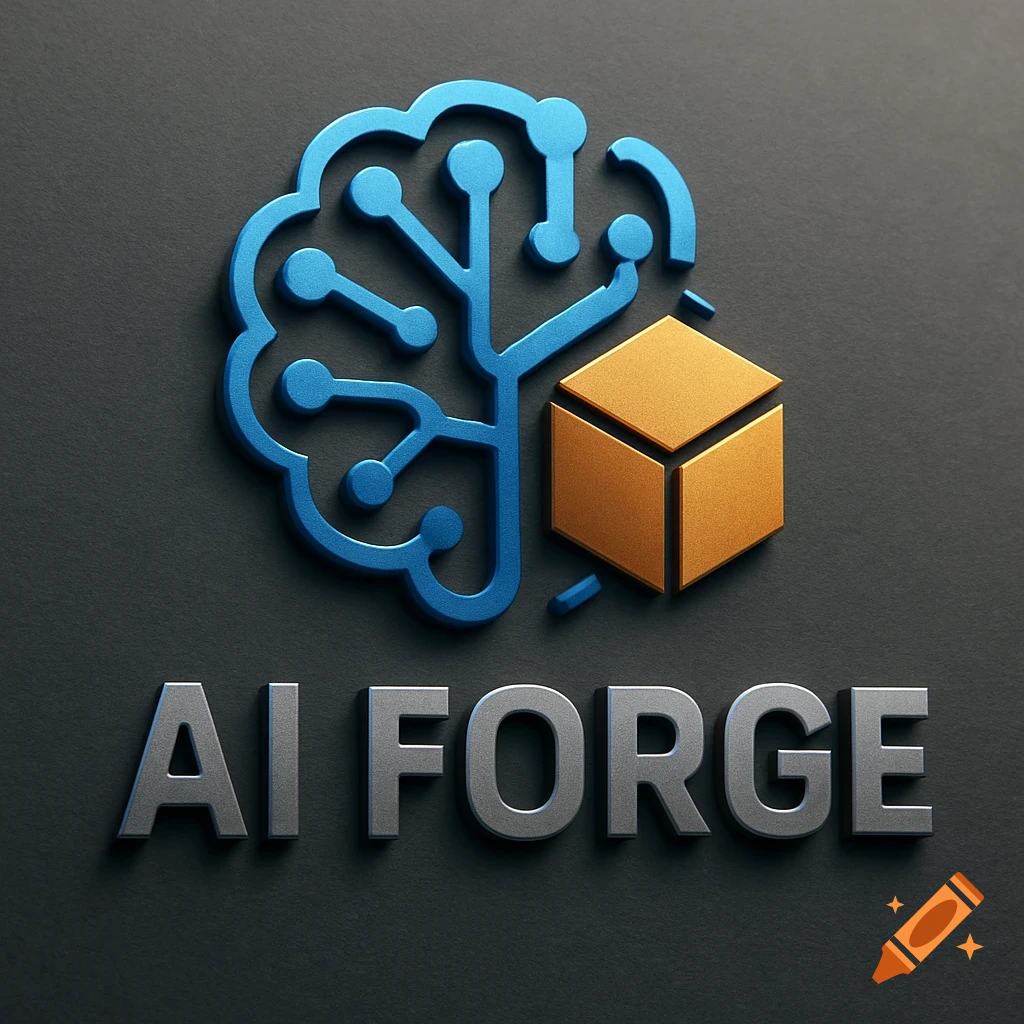 3D logo for AI FORGE with blue brain network and orange cube. on Craiyon