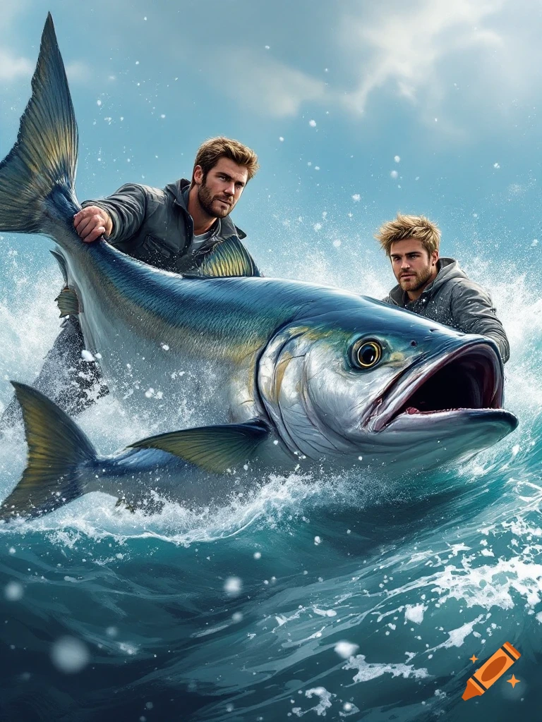 Chris Hemsworth and Zac Efron riding a giant fish through crashing ...