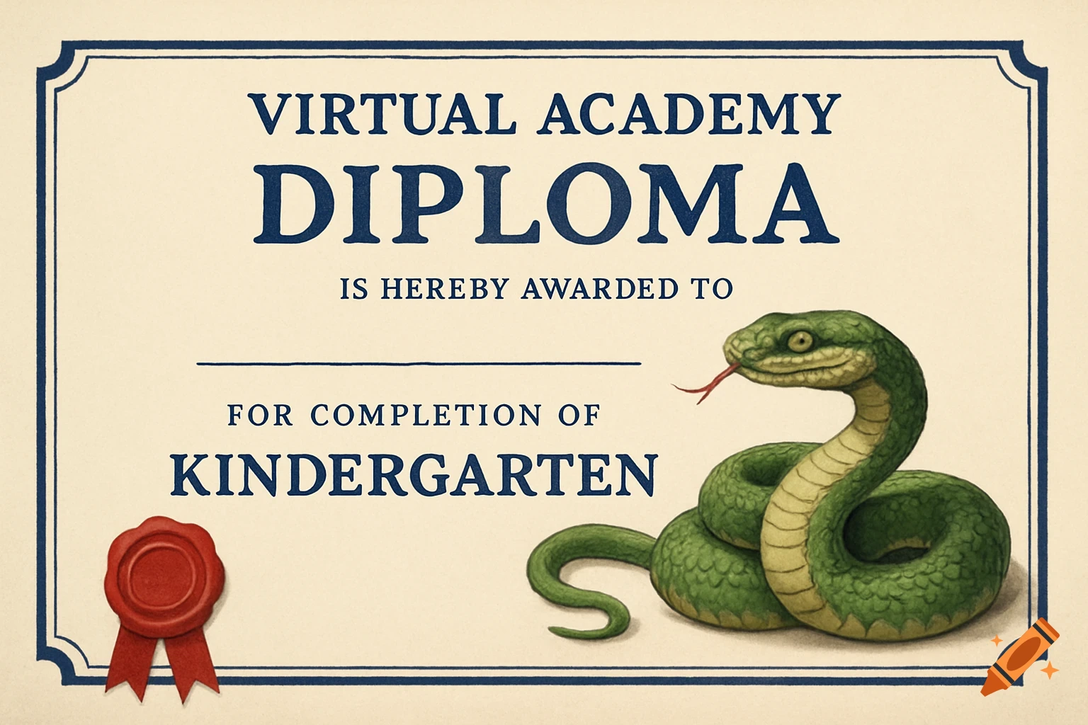 A virtual academy kindergarten diploma with a green snake and a red wax ...