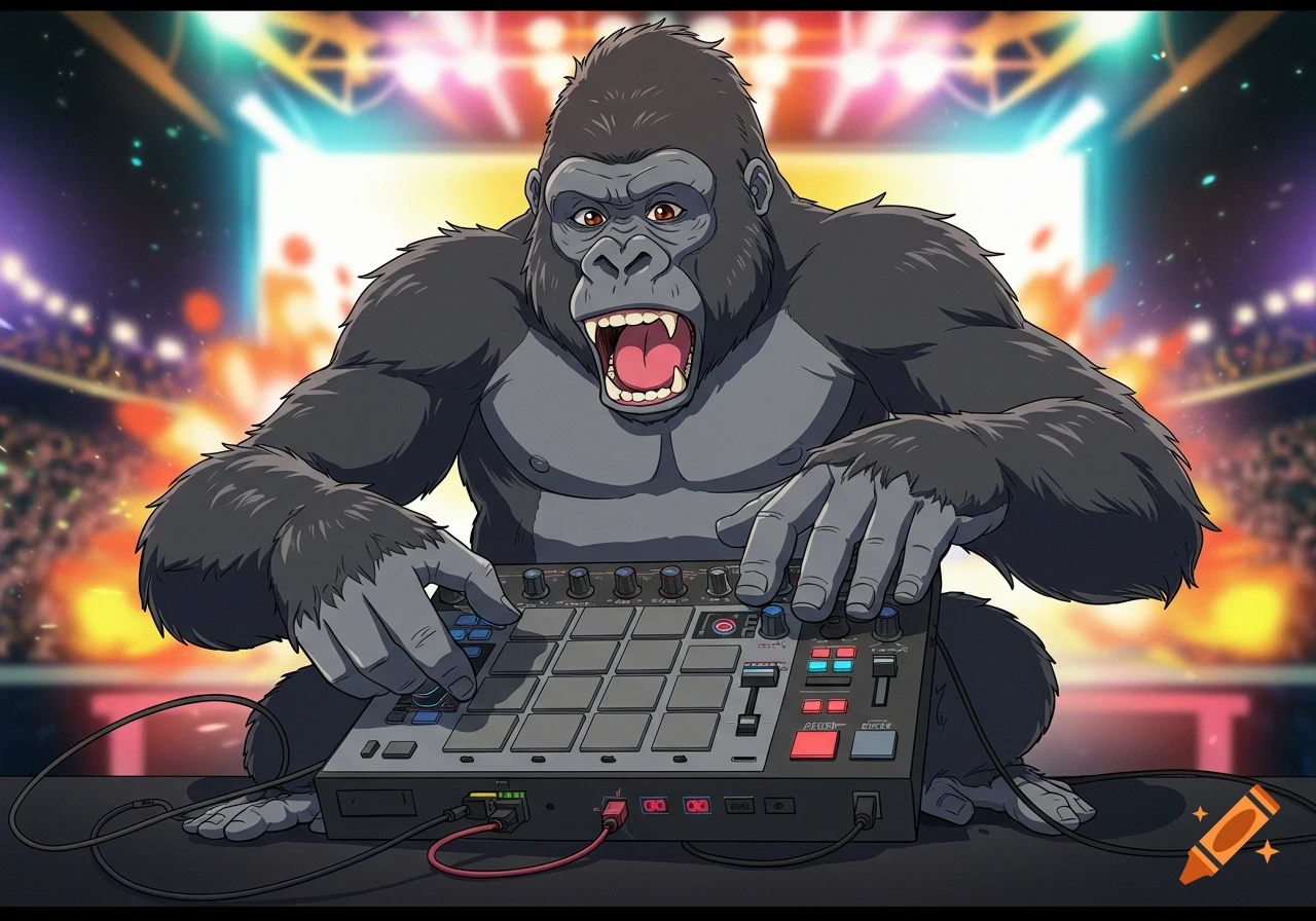 Anime style gorilla playing a music sampler on stage with lights and a ...